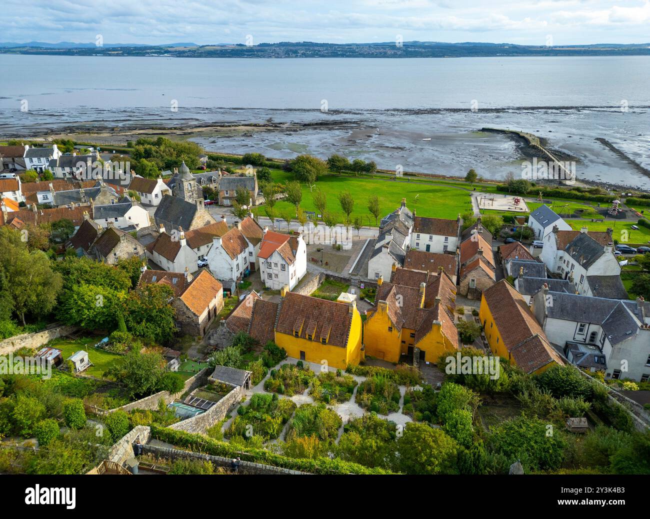 Aerial view from drone of historic village of Culross in Fife, Scotland ...