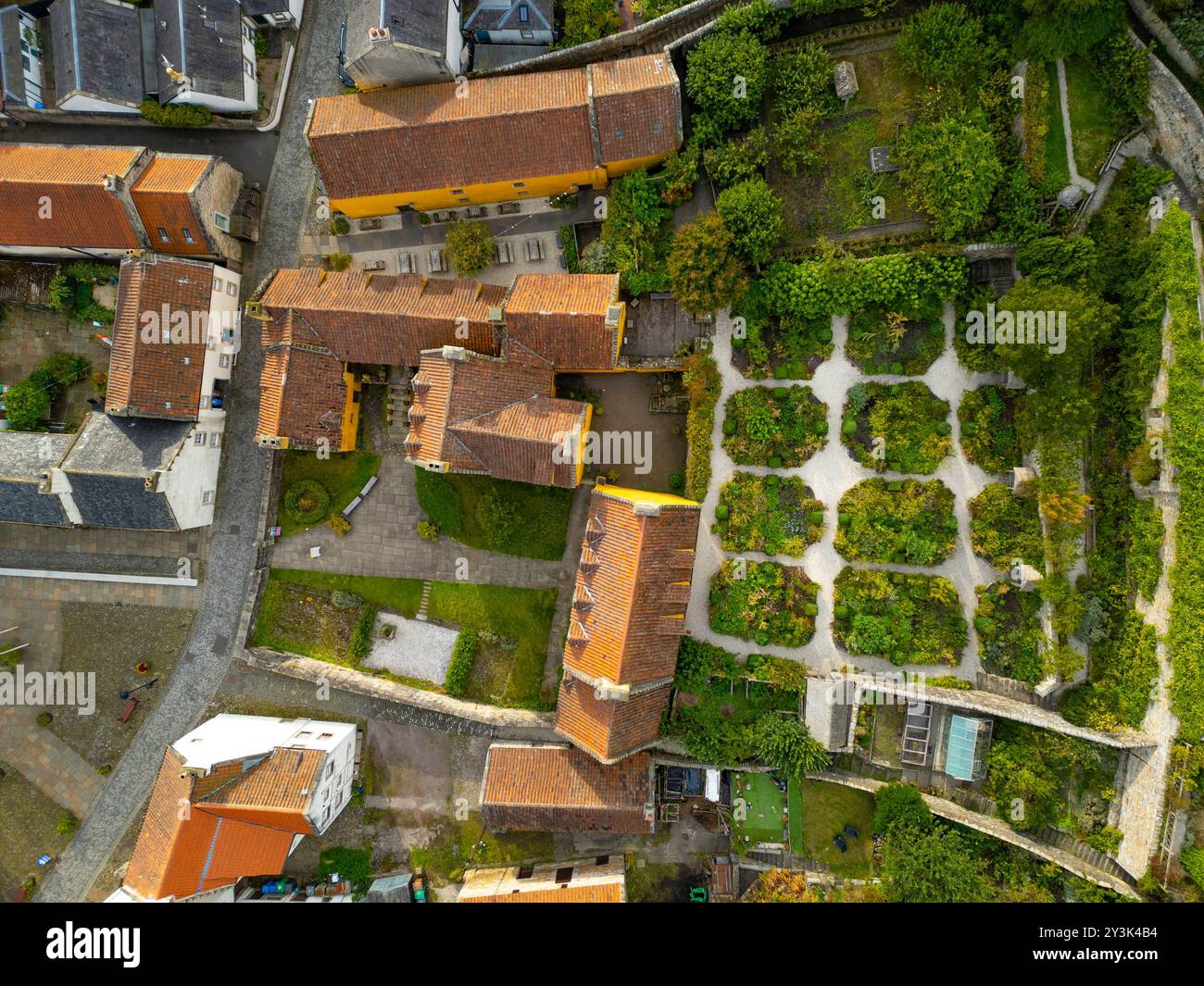 Aerial view from drone of Culross Palace and garden in historic village ...
