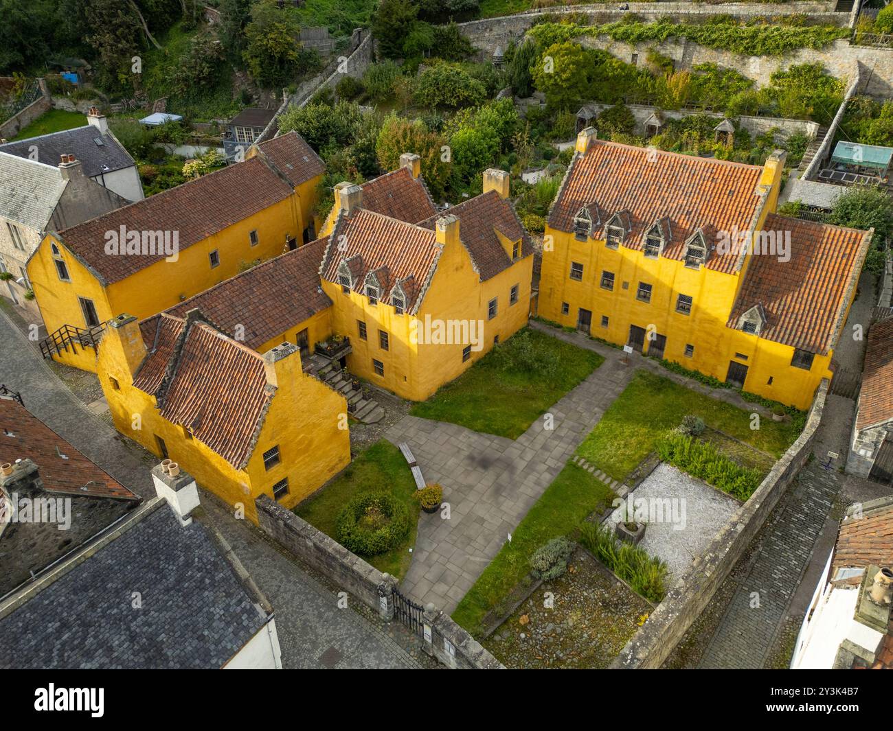 Aerial view from drone of Culross Palace in historic village of Culross ...