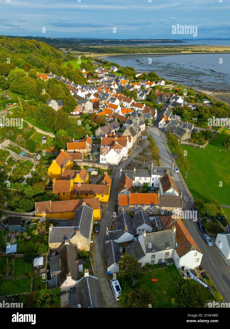 Aerial view from drone of historic village of Culross in Fife, Scotland ...