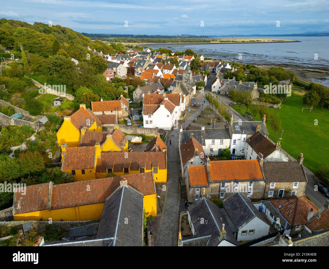 Aerial view from drone of historic village of Culross in Fife, Scotland ...