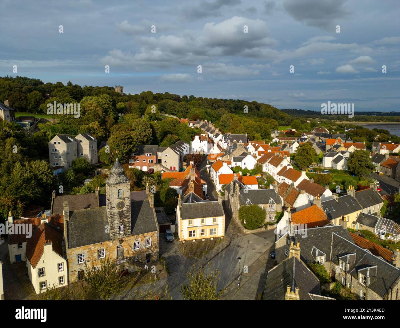 Aerial view from drone of historic village of Culross in Fife, Scotland ...