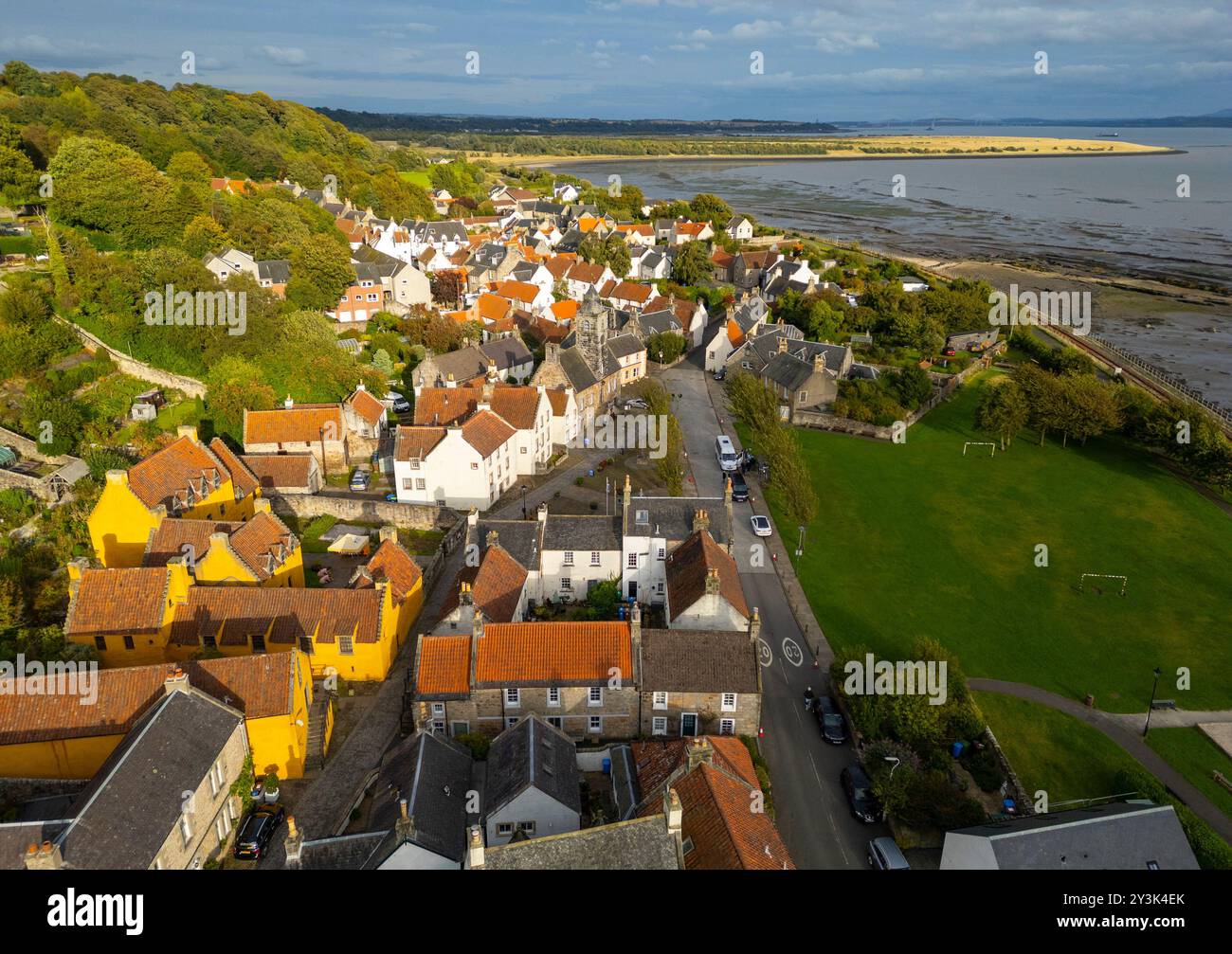 Aerial view from drone of historic village of Culross in Fife, Scotland ...