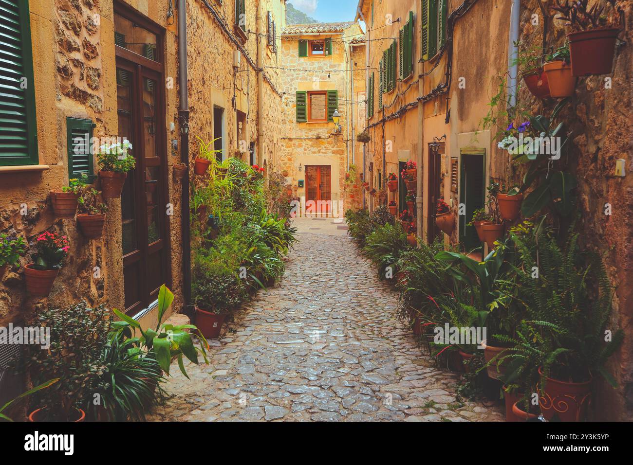 Valldemossa typical village with plants pots in facades at Mallorca ...