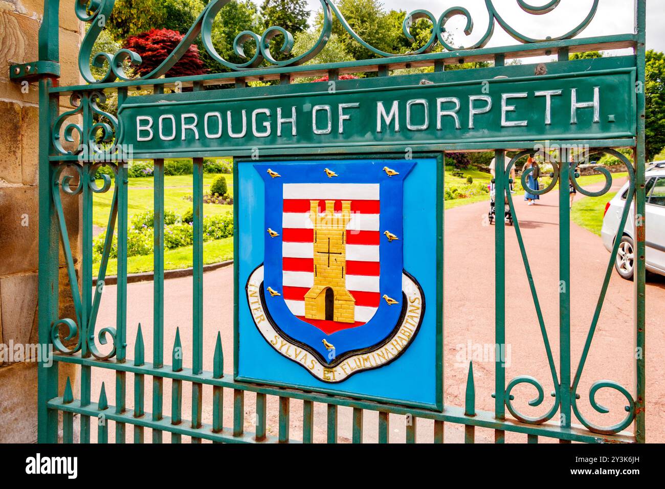 wrought iron gate with the emblem Borough of Morpeth with a castle and ...