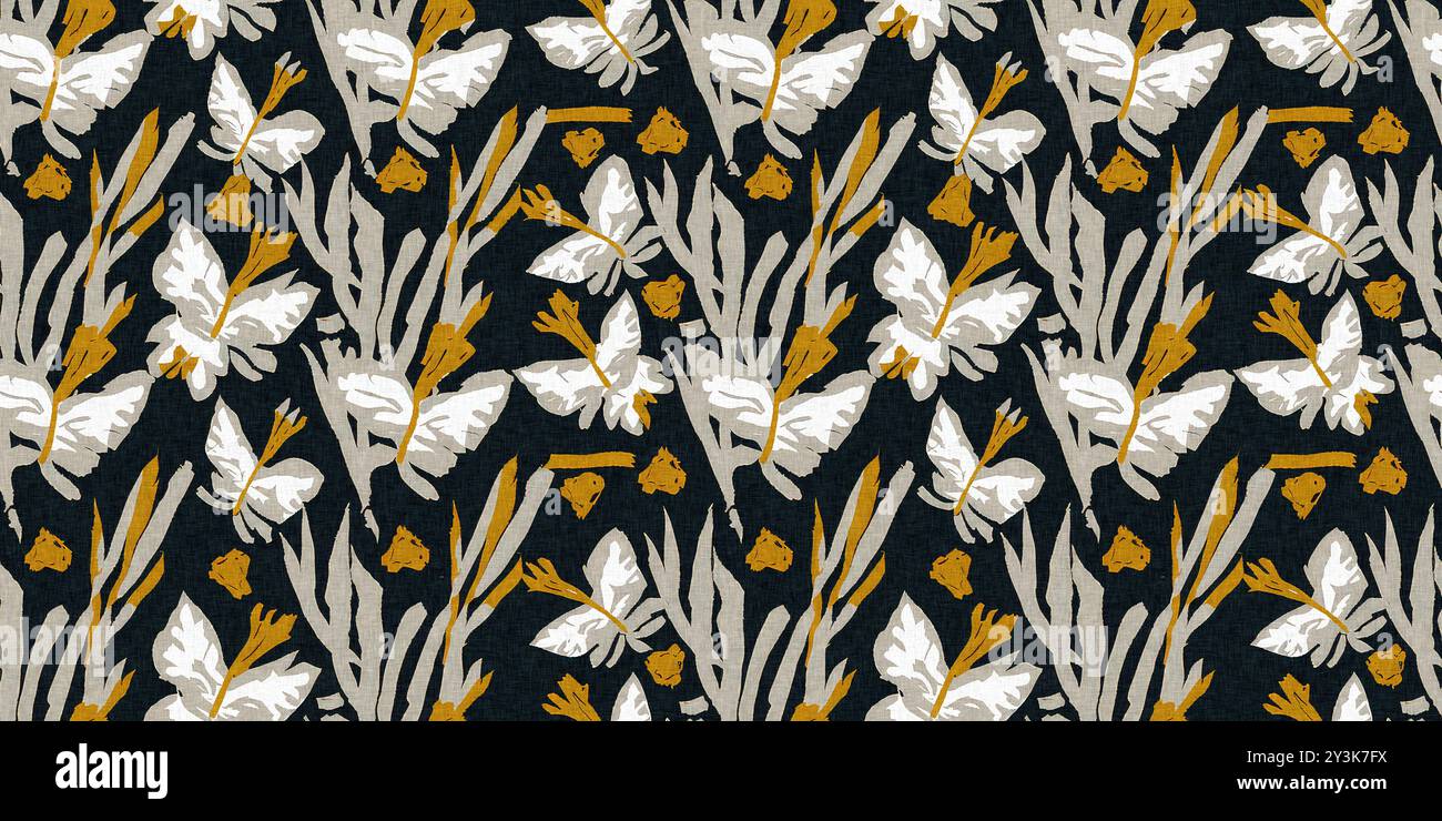 Modern printed fabric flower block print pattern with linen texture ...