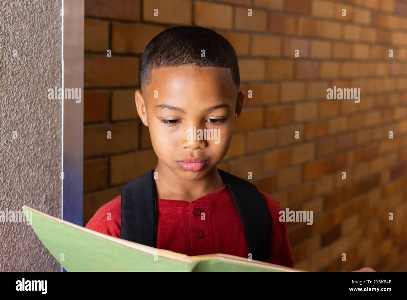 In school, boy reading notebook while standing against brick wall Stock ...