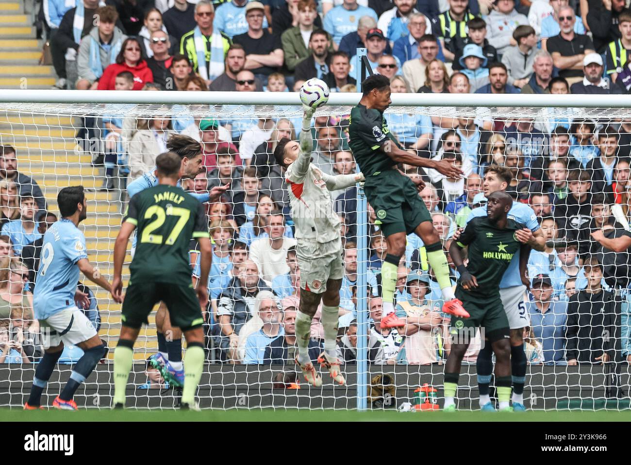 Ederson of Manchester City punches the ball clear during the Premier ...