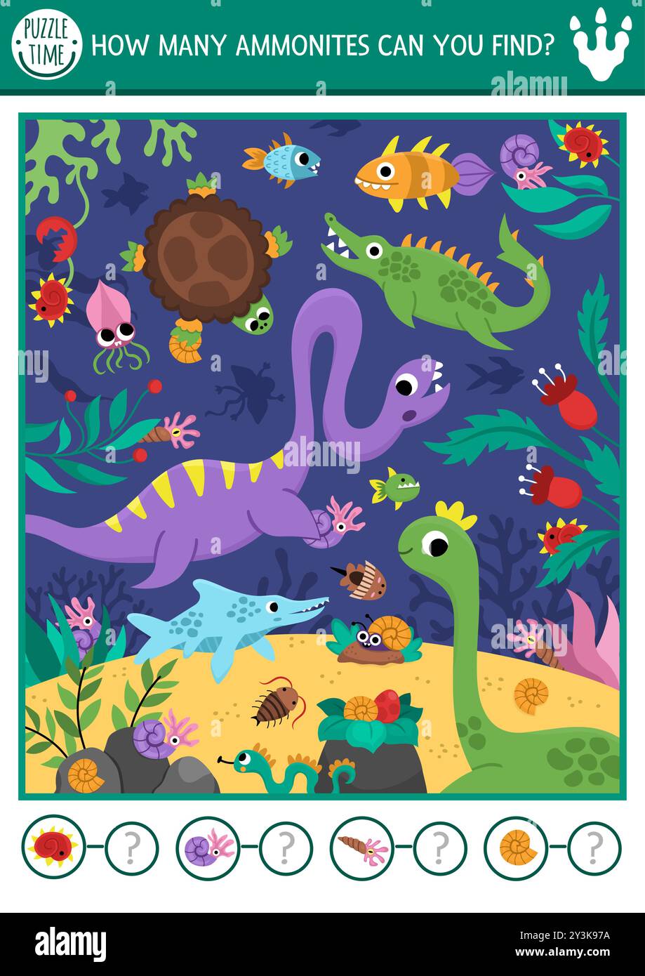 Vector dinosaur searching and counting game with prehistoric underwater ...
