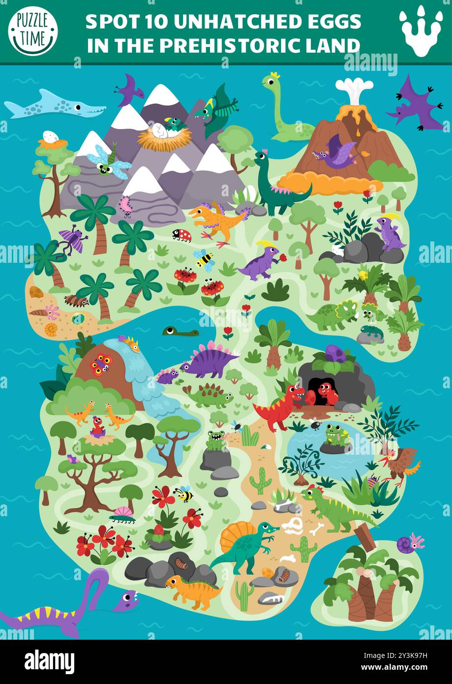 Vector dinosaur searching game with prehistoric continent map landscape ...