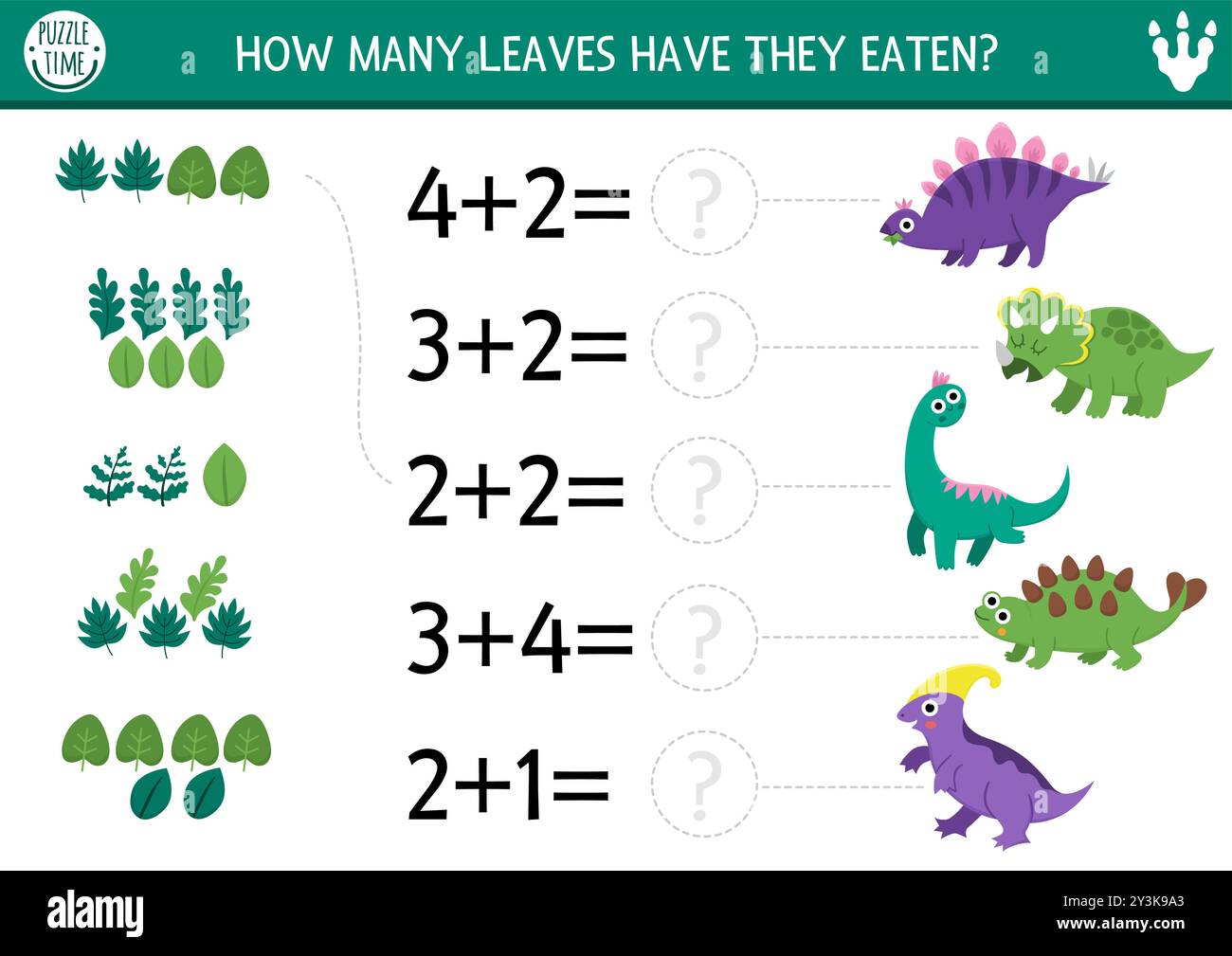 Counting and matching game with cute ancient animals, leaves. Dinosaur ...
