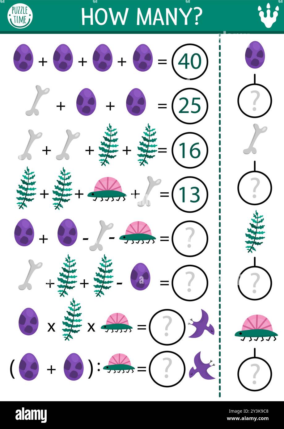 Dinosaur how many game, equation or rebus. Prehistoric math activity ...