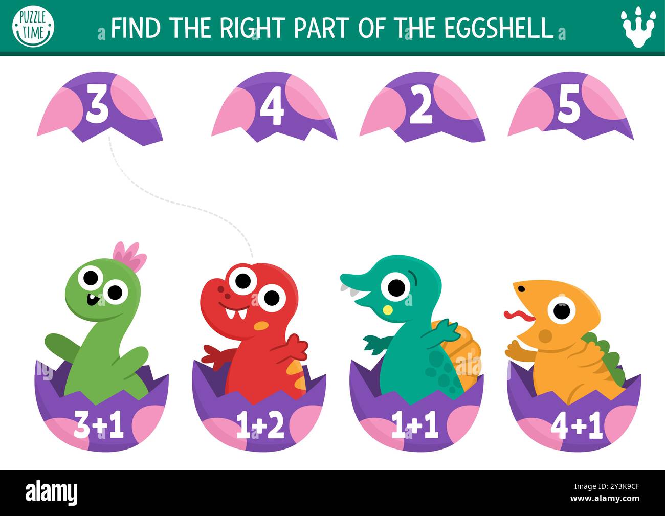 Counting and matching game with cute baby dinosaurs in eggs and shells ...