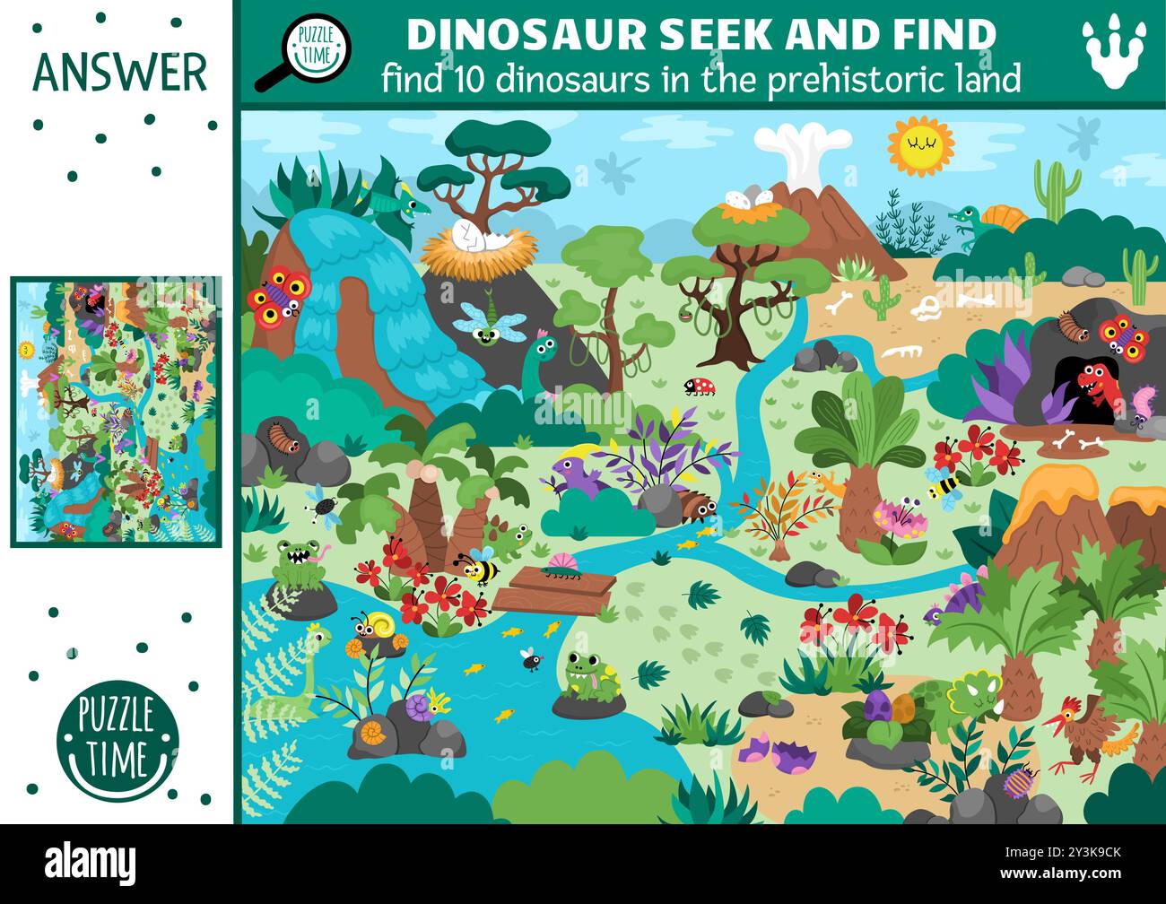 Vector dinosaur searching game with prehistoric landscape. Spot hidden ...