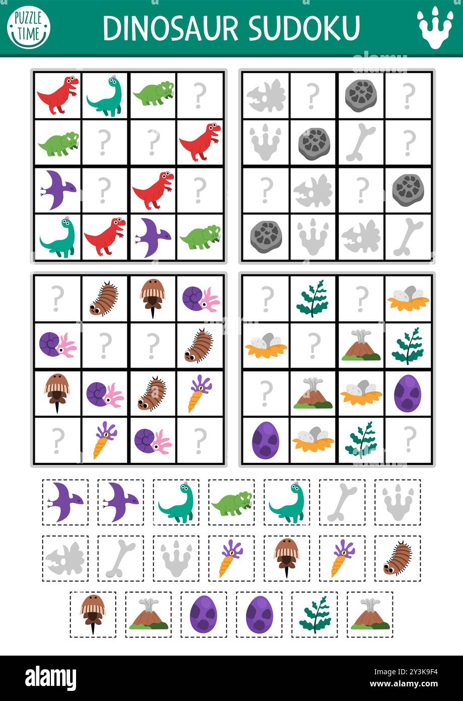 Vector dinosaur sudoku puzzle for kids with pictures. Simple ...