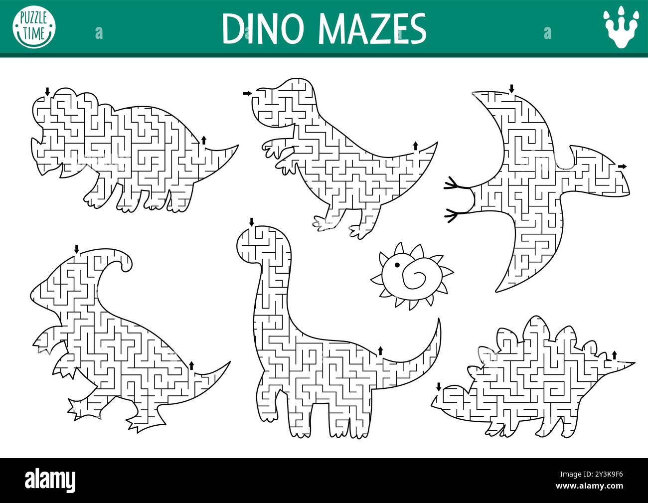 Dinosaur geometrical maze set for kids. Prehistoric preschool printable activity shaped as ...