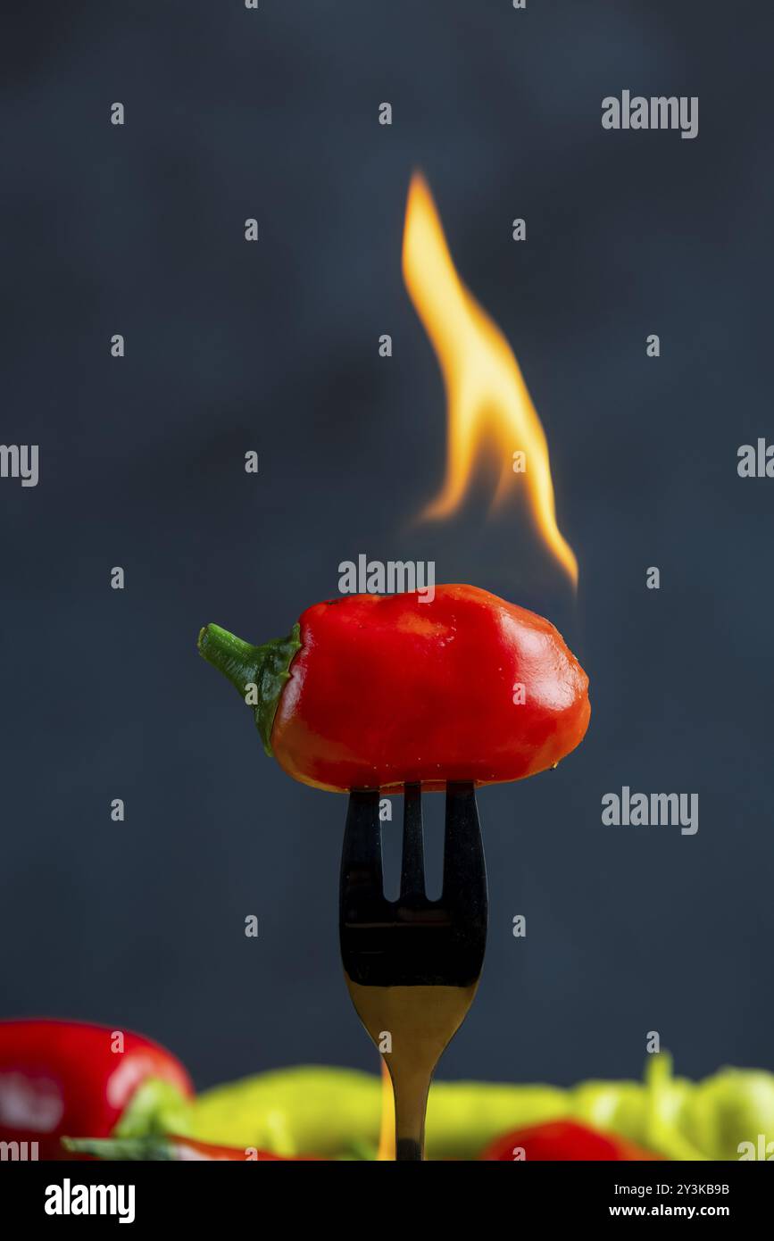 Burning red pepperoni on a fork, close-up, food photography Stock Photo ...