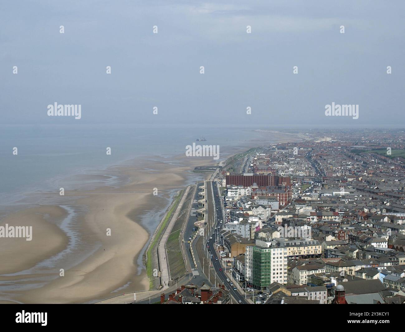 Aerial view of blackpool looking south showing the beach at low tide ...
