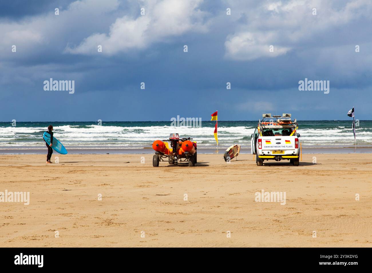 Lifeguards on Polzeath Beach, North Cornwall, England. U.K Stock Photo ...