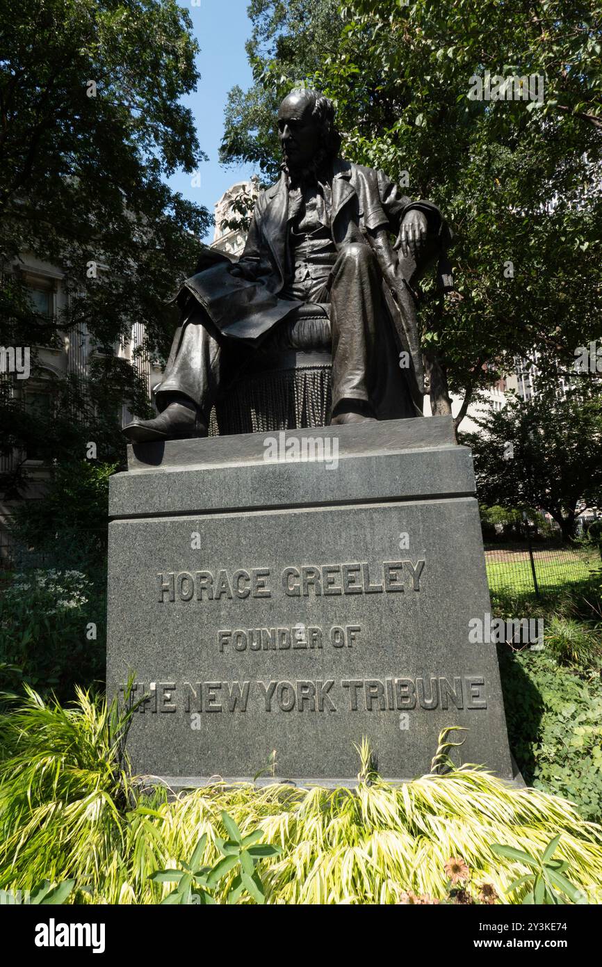 Bronze statue of Horace Greeley, the founder of The New York Tribute ...