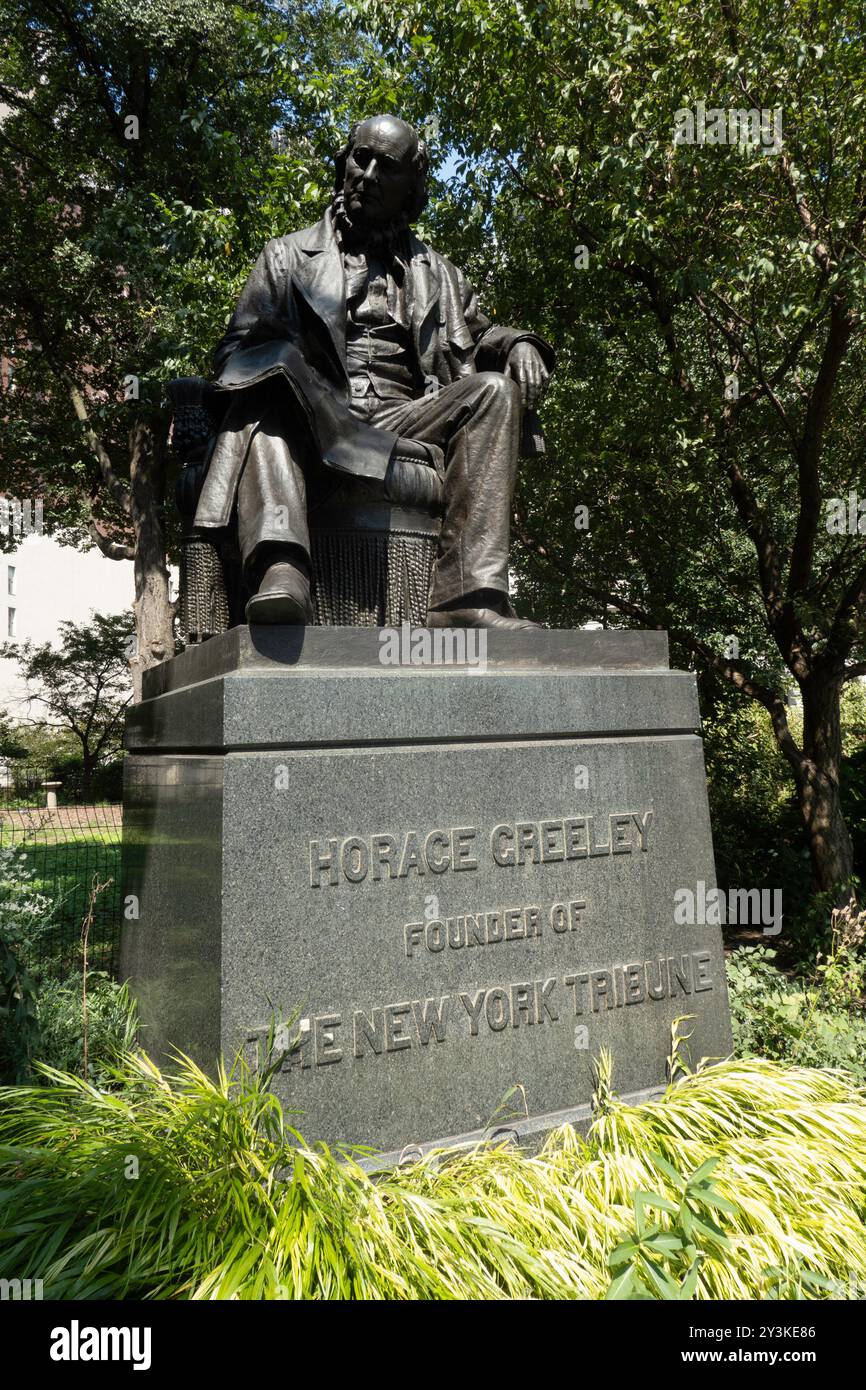 Bronze statue of Horace Greeley, the founder of The New York Tribute ...