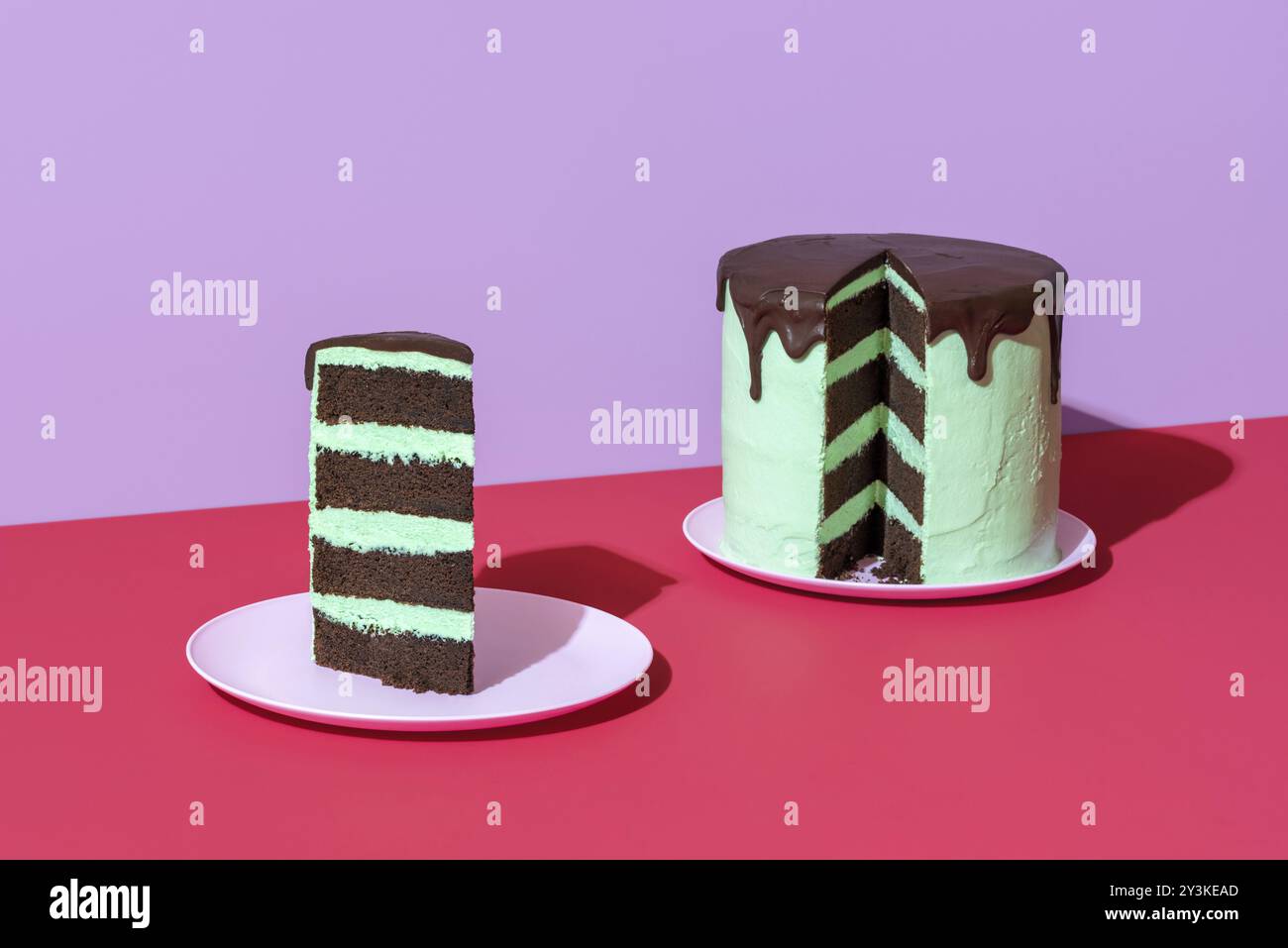 Birthday cake with dark chocolate and mint flavored cream, isolated on ...