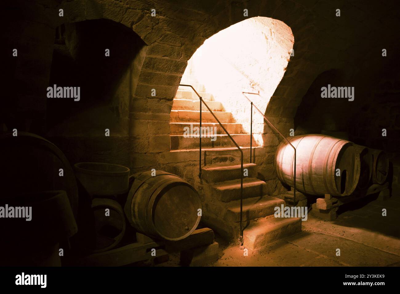 German medieval wine cellar with round ceiling, where are stored big ...