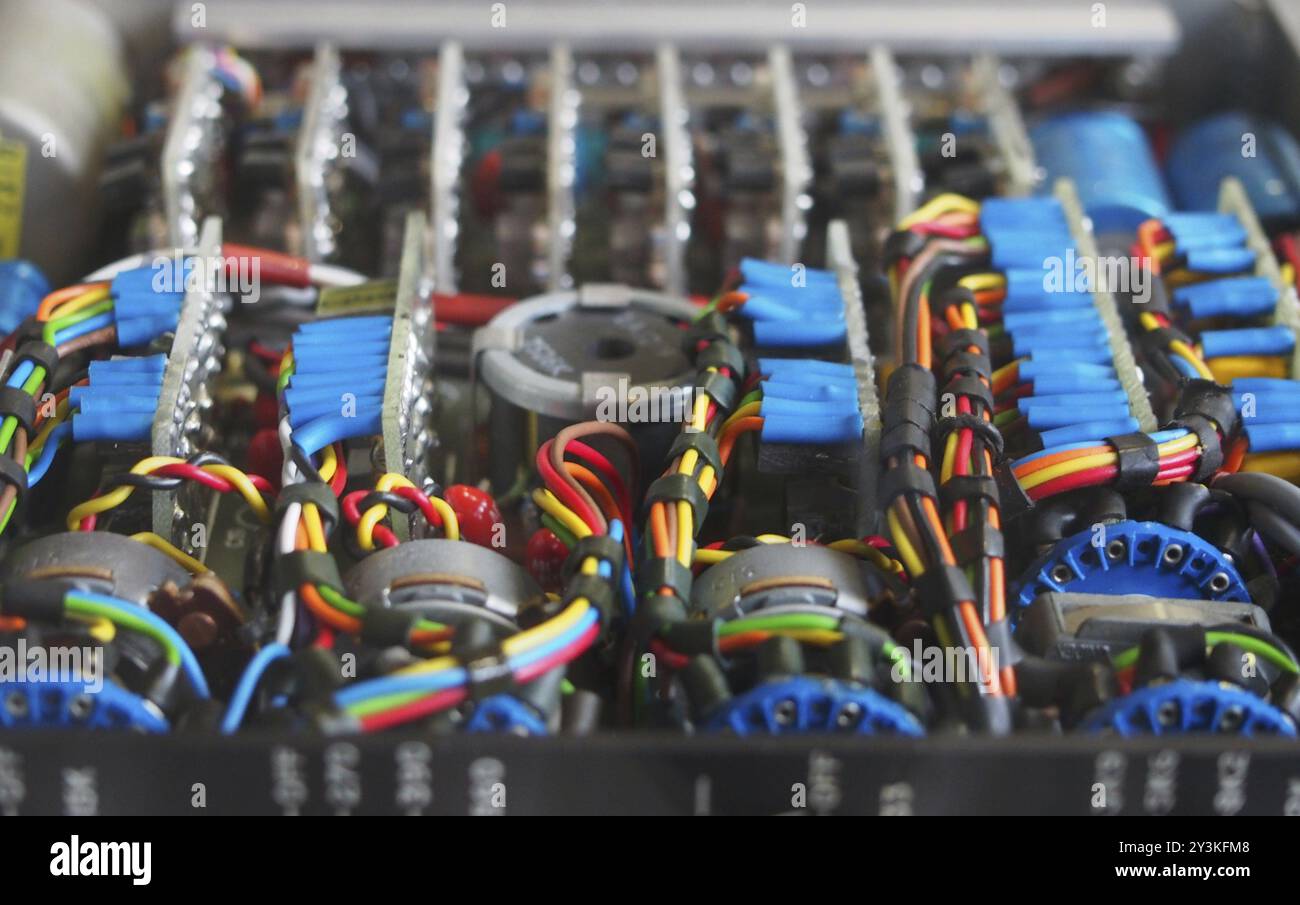 Selective focus image of complex colored wiring and connectors joining ...