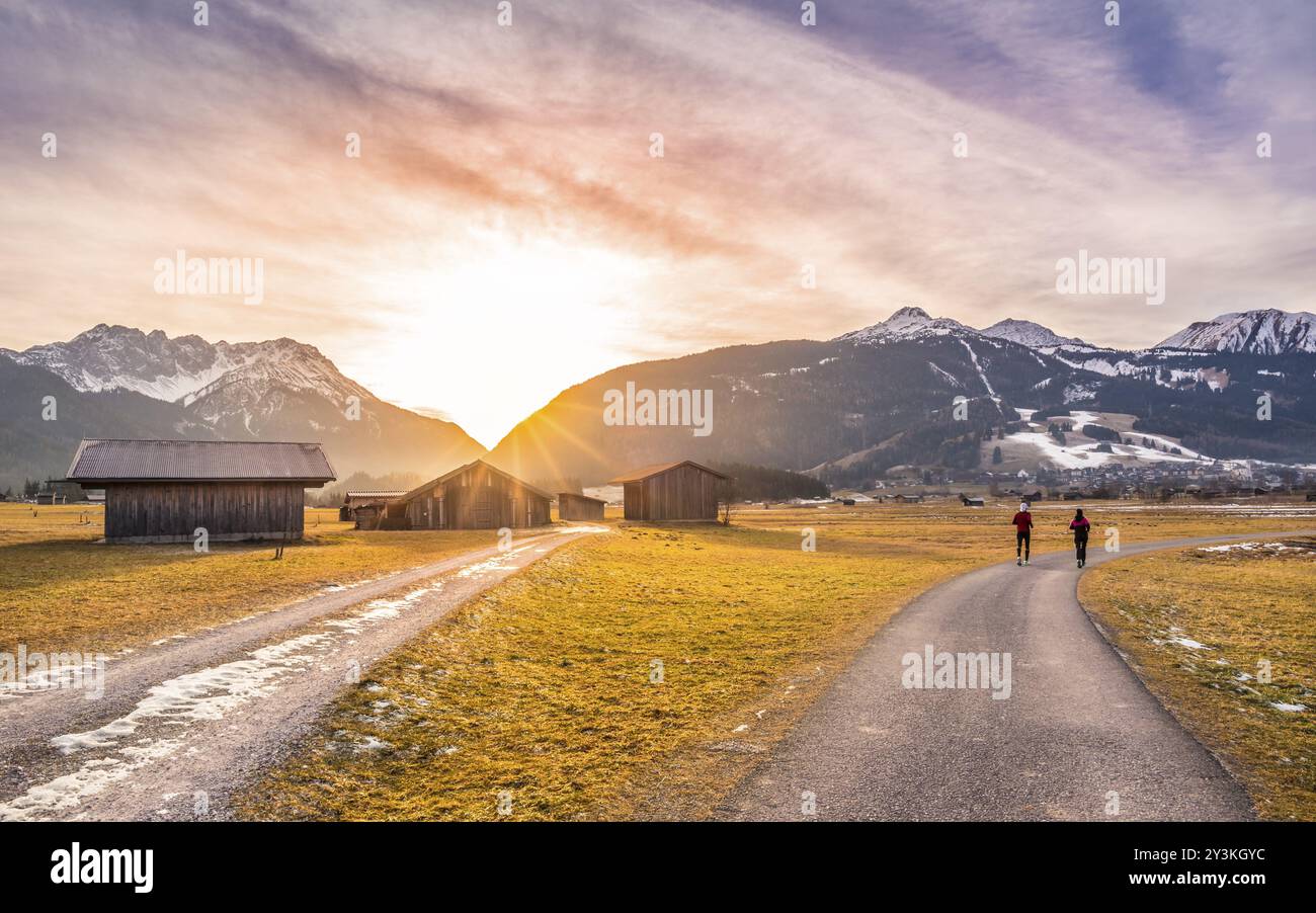 Winter landscape with mountain village in the Austrian Alps, wooden ...
