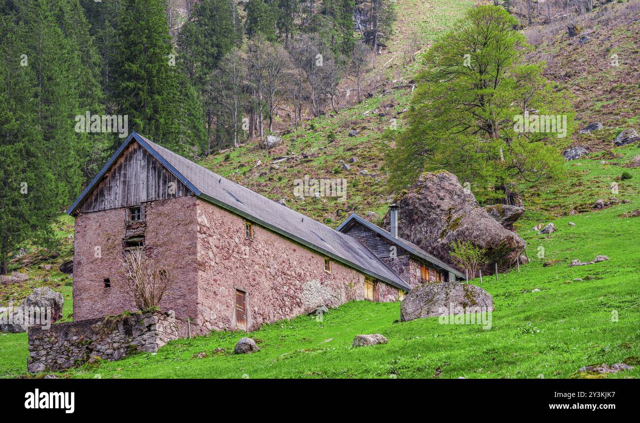 Swiss traditional stable and house built with stone wall and shingle ...