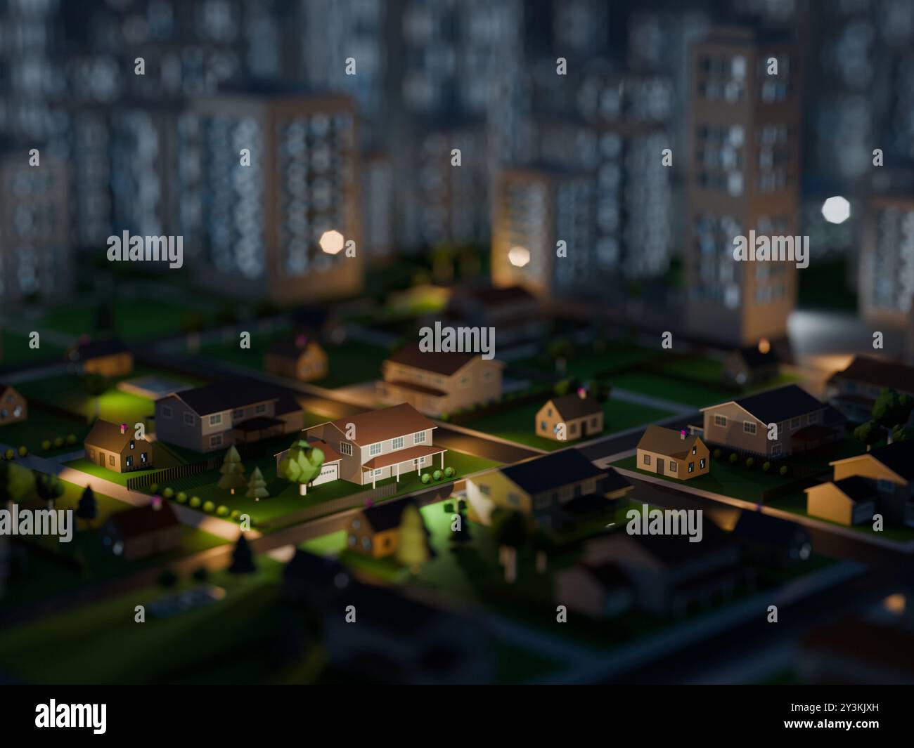 Modern, clean residential neighborhood in the evening. Digital 3D ...