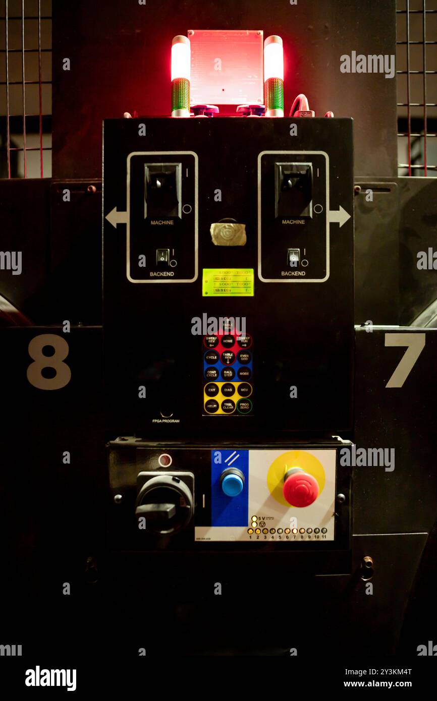 Bowling pinsetter machine control panel. Mechanic room Stock Photo - Alamy