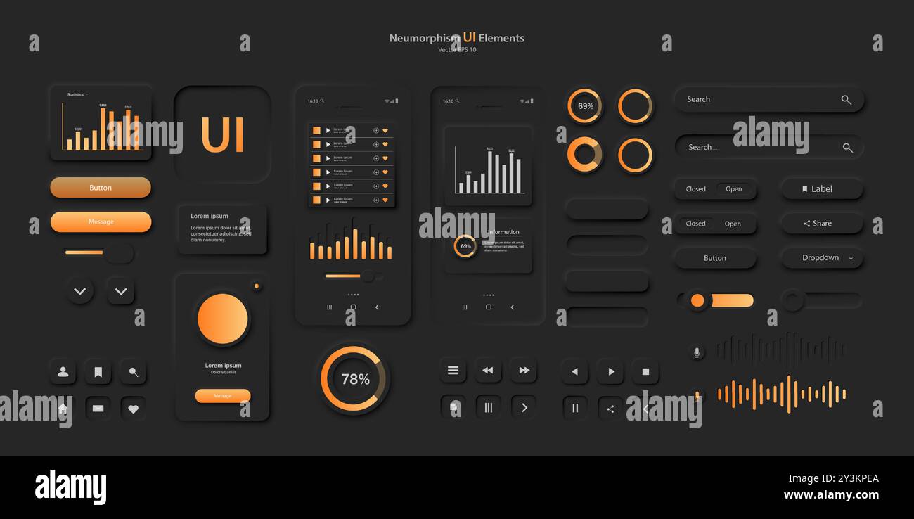 The user interface elements for the mobile app are in black and orange ...