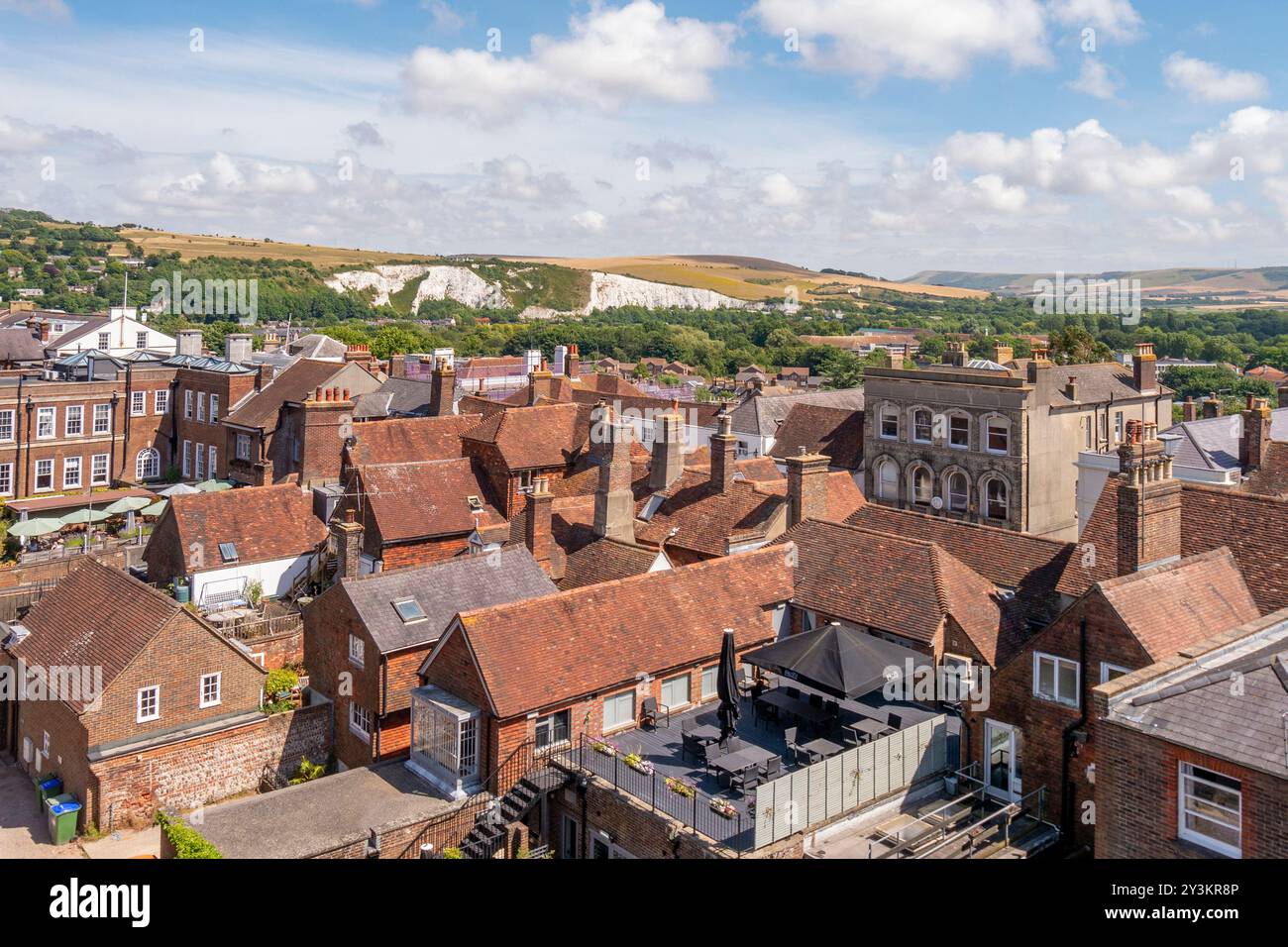 Looking east over the rooftops of Lewes to the South Downs in the South ...