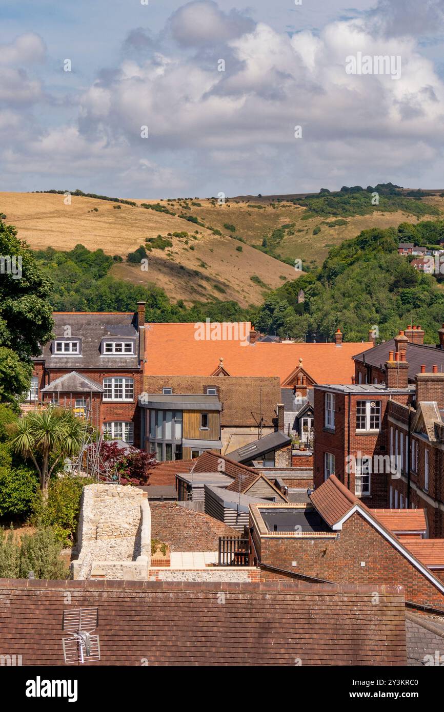Looking east over the rooftops of Lewes to the South Downs in the South ...