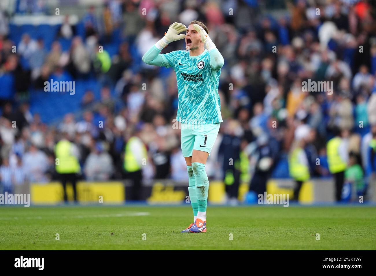 Brighton and Hove Albion goalkeeper Bart Verbruggen gestures after the ...