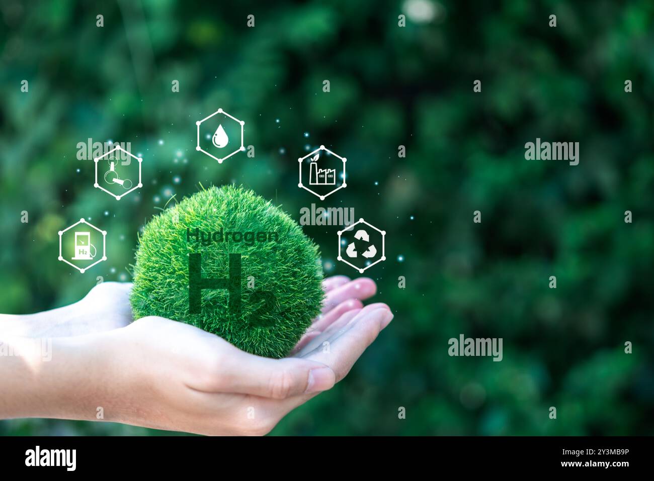 Hands holding green hydrogen hologram with eco-friendly icons ...