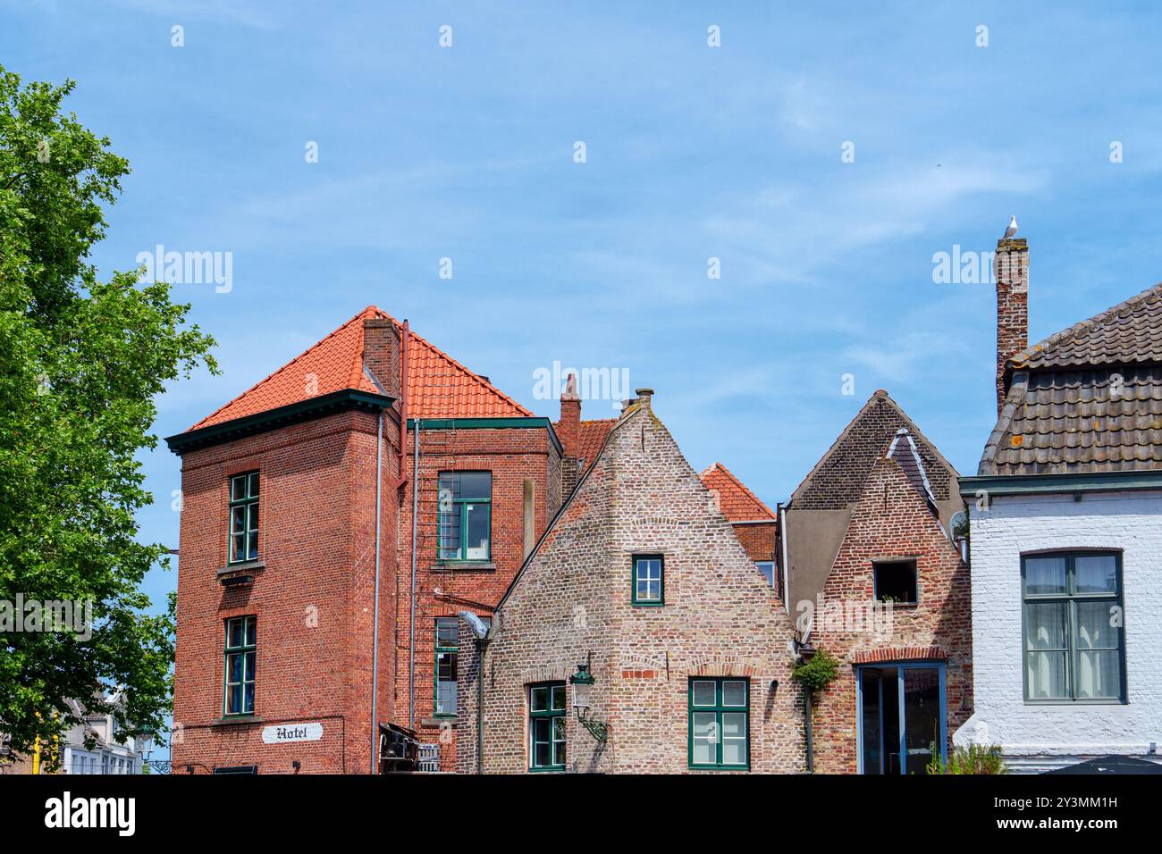 Traditional Dutch houses with red tiled roofs and gabled facades in a ...