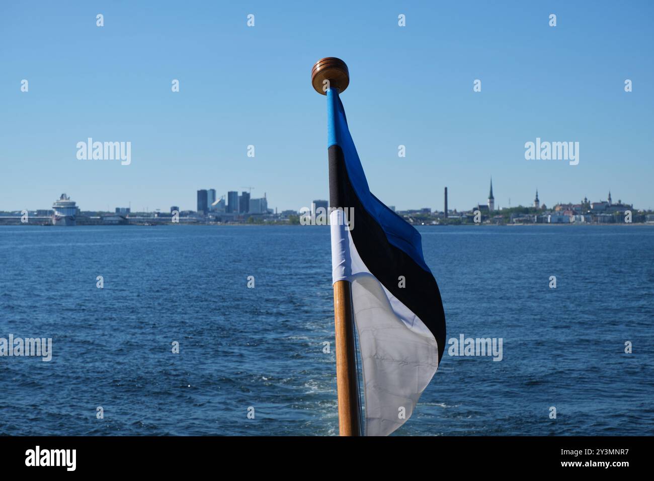 Estonian Flag Waving in Front of the Tallinn Harbor, Old Town, Skyline ...
