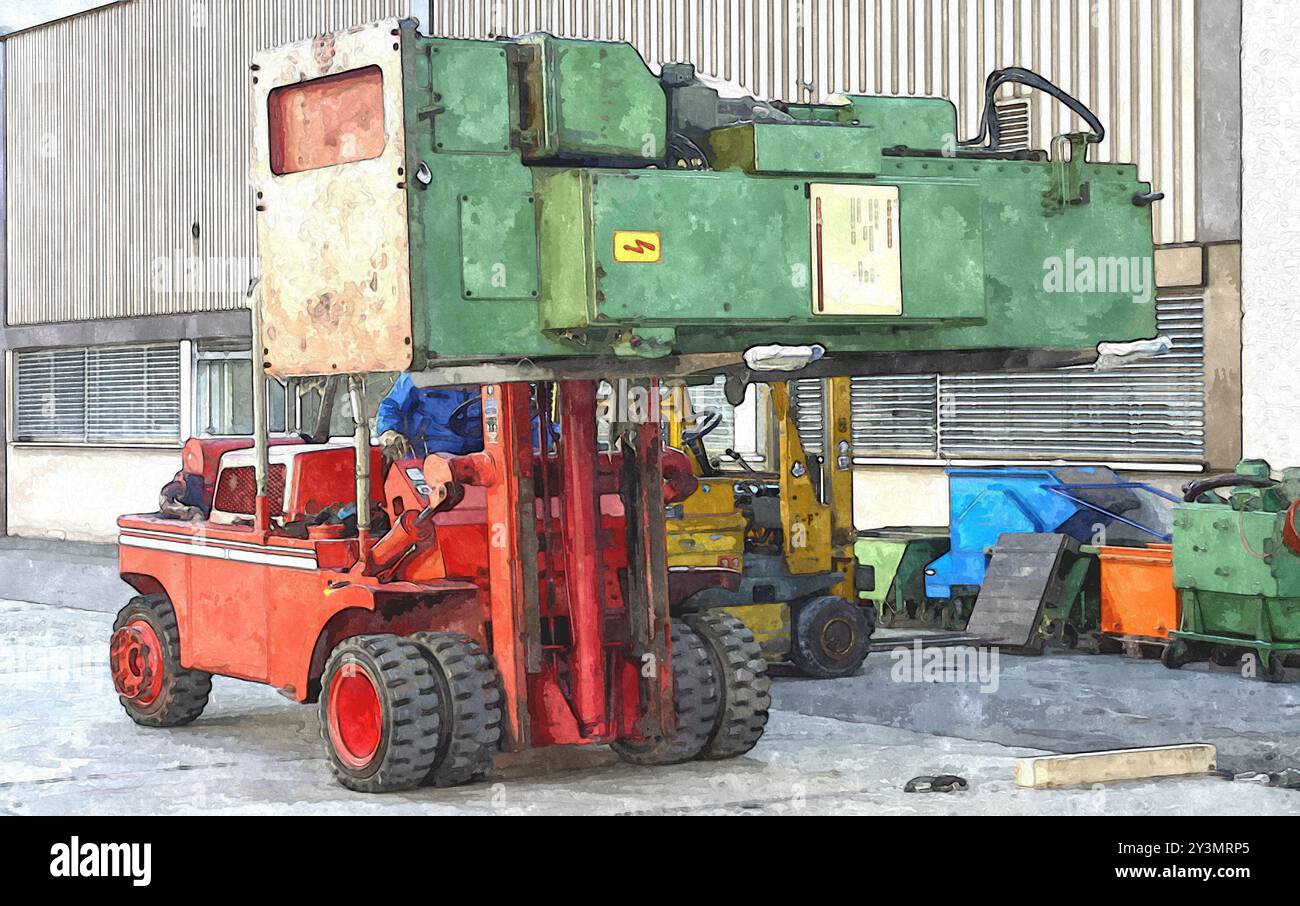 A red forklift carefully transports a large green honing machine ...
