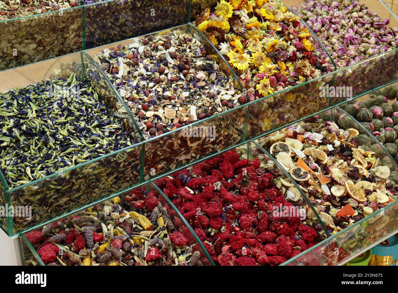 Bazaar shop of exotic and colorful oriental condiments. Aromatic herbs ...