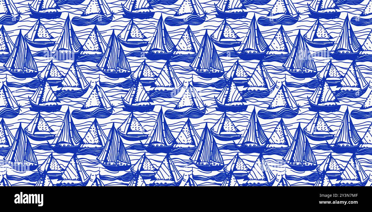 Modern sailing race boat block print banner for decorative coast ...