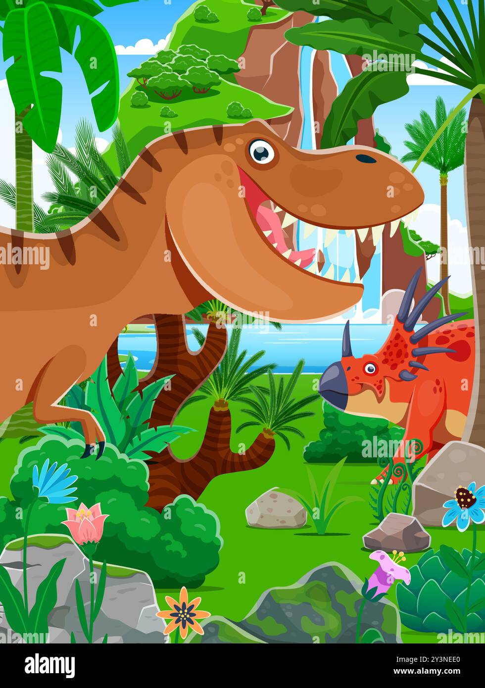 Prehistoric dinosaurs in jungle forest with palm trees and waterfall ...