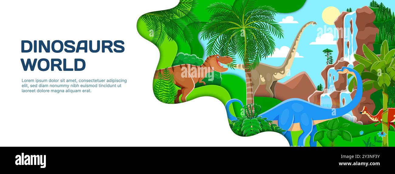 Prehistoric dinosaurs in paper cut banner, Jurassic giant lizard ...
