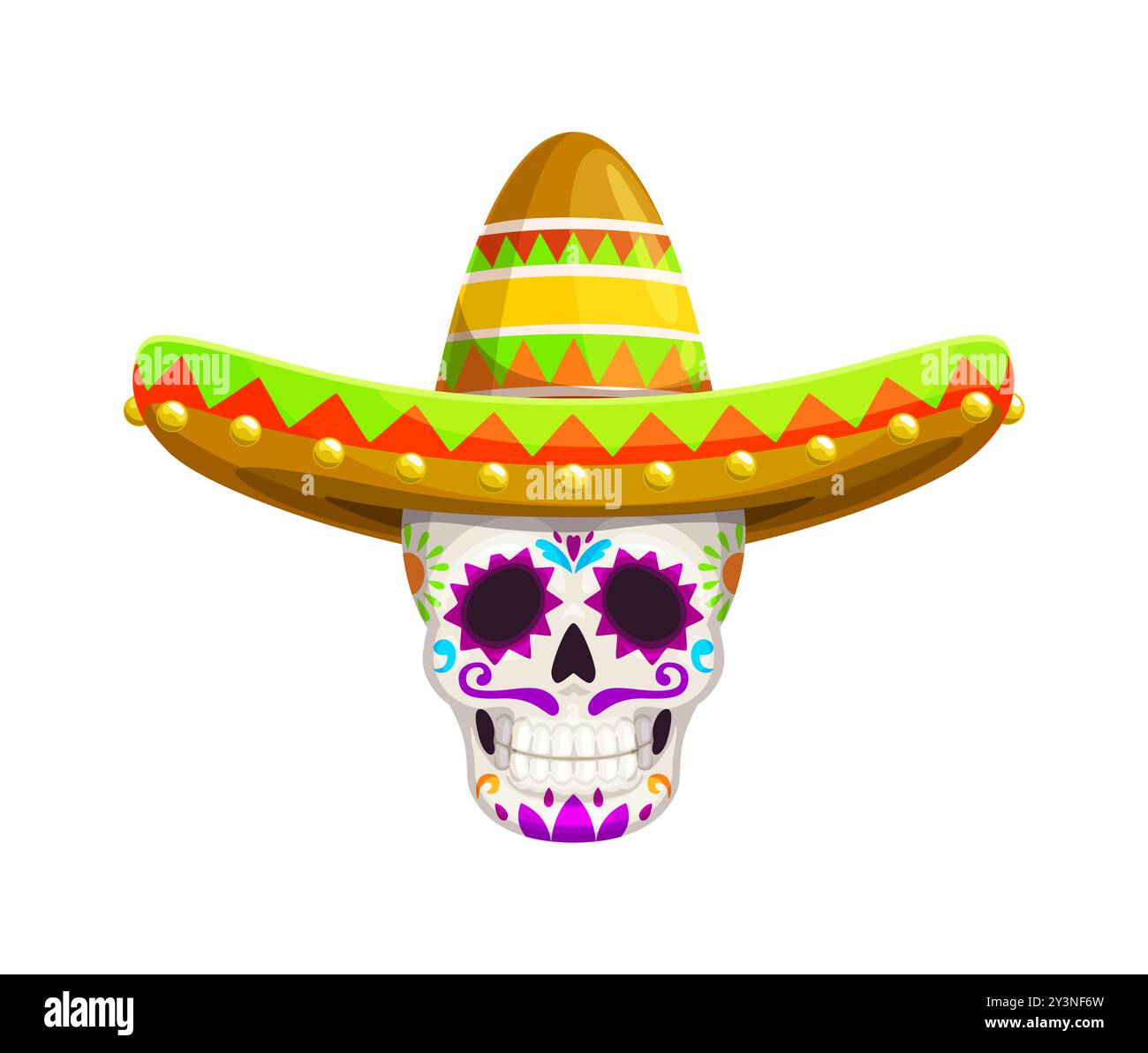 Cartoon day of the dead dia de los Muertos skull in Mexican sombrero ...
