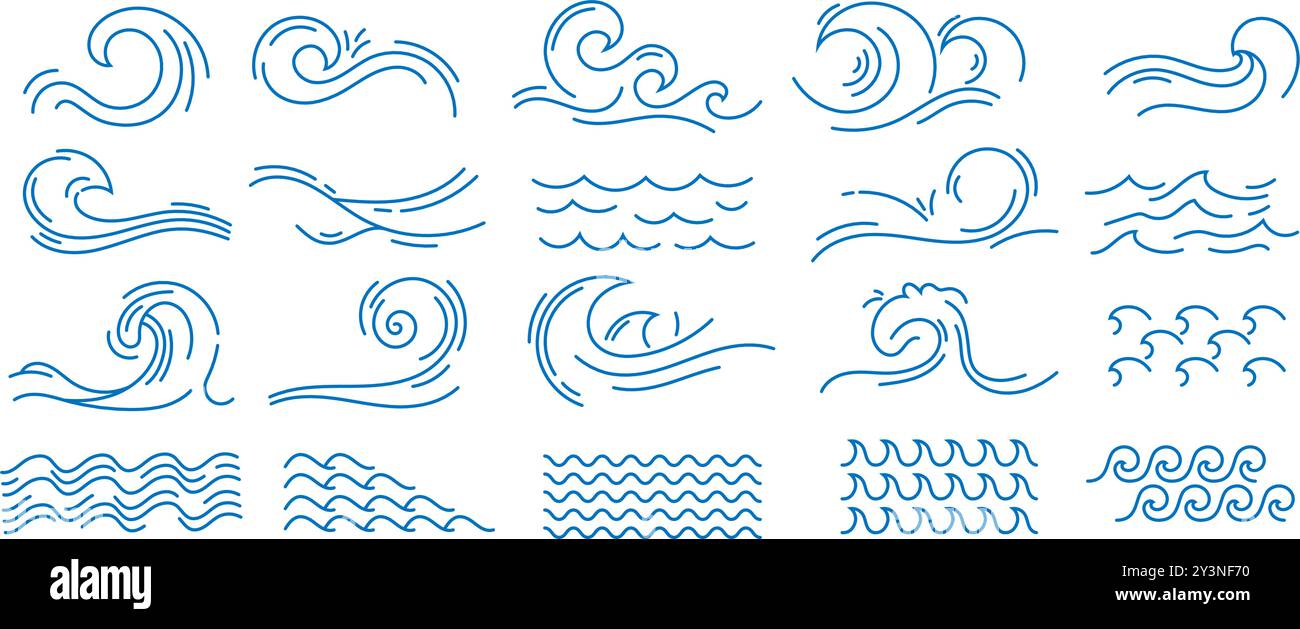 Line water wave. Simple sea linear icons, ocean storm wave and splashes ...