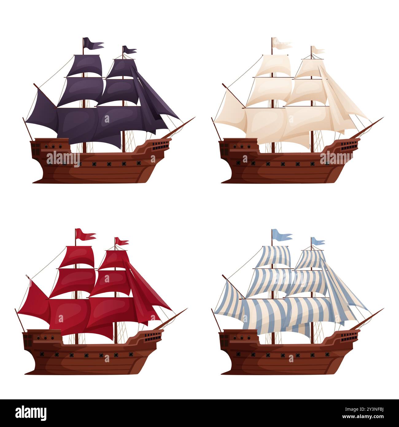 Old wooden ships. Cartoon sailing ship, scarlet sails wind sail boat ...