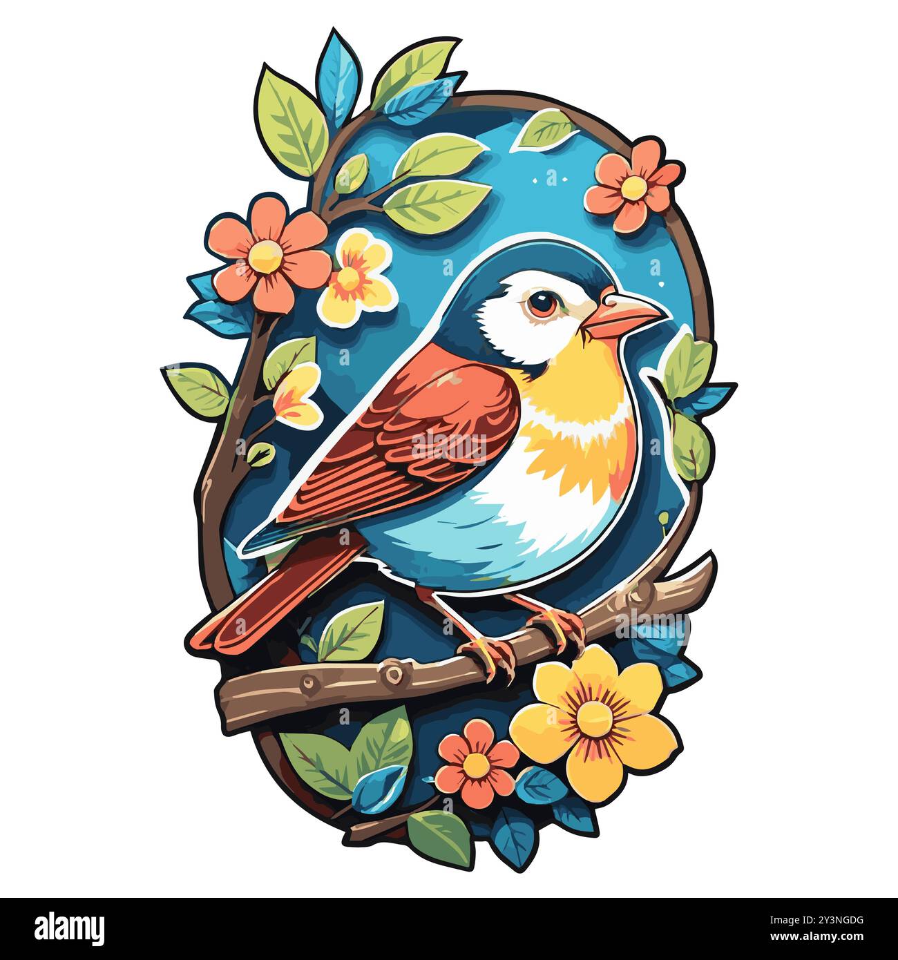 Cute bright little bird on the branch with bright flowers, cartoon ...