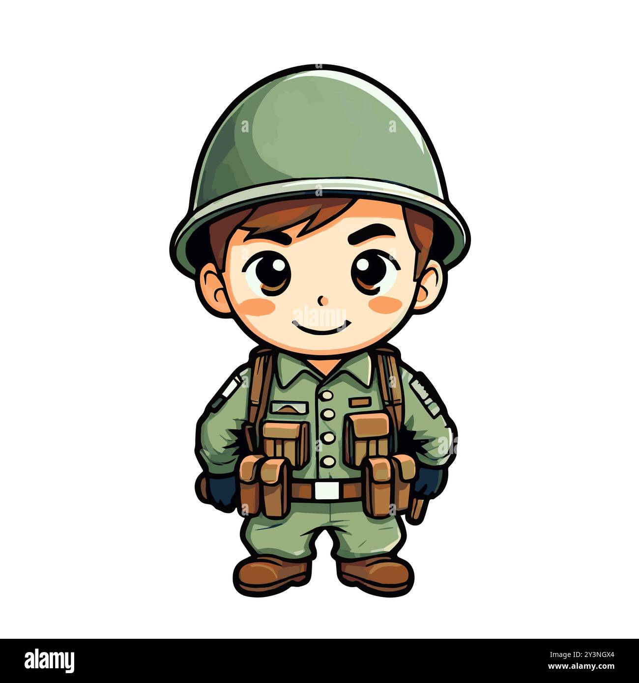 Cute little hero soldier in green uniform, cartoon character on white ...