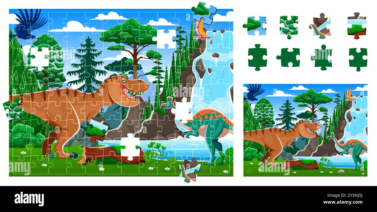 Prehistoric dinosaurs landscape jigsaw puzzle game pieces. Cartoon ...